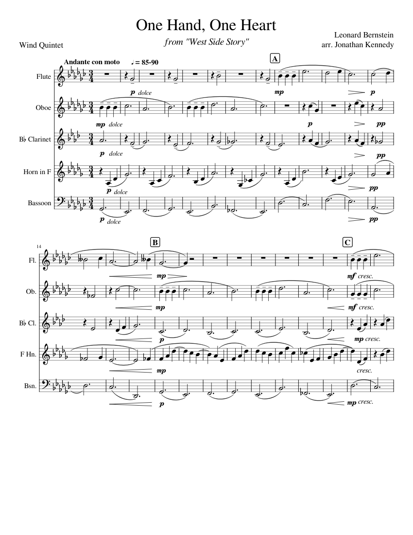 One Hand, One Heart Sheet Music for Flute, Oboe, Clarinet in b-flat ...