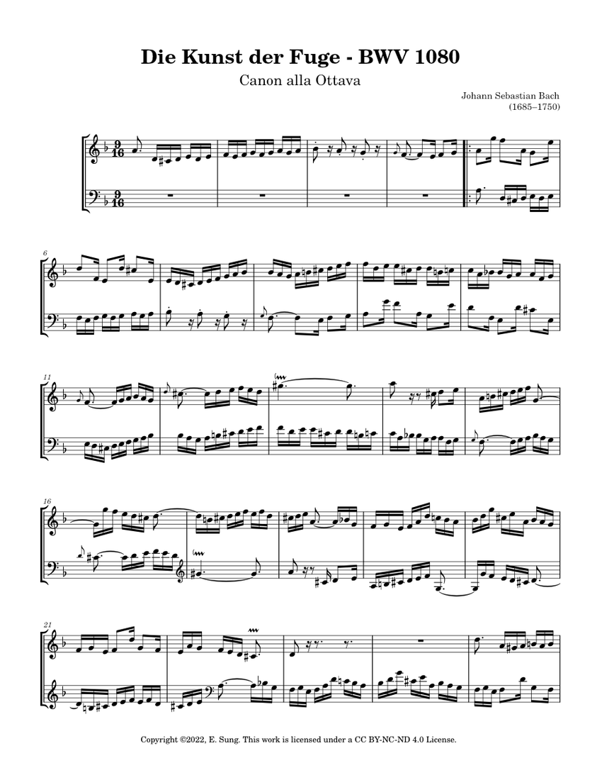 Bach, J.S. - Die Kunst Der Fuge, BWV 1080 - Canon alla Ottava Sheet ...