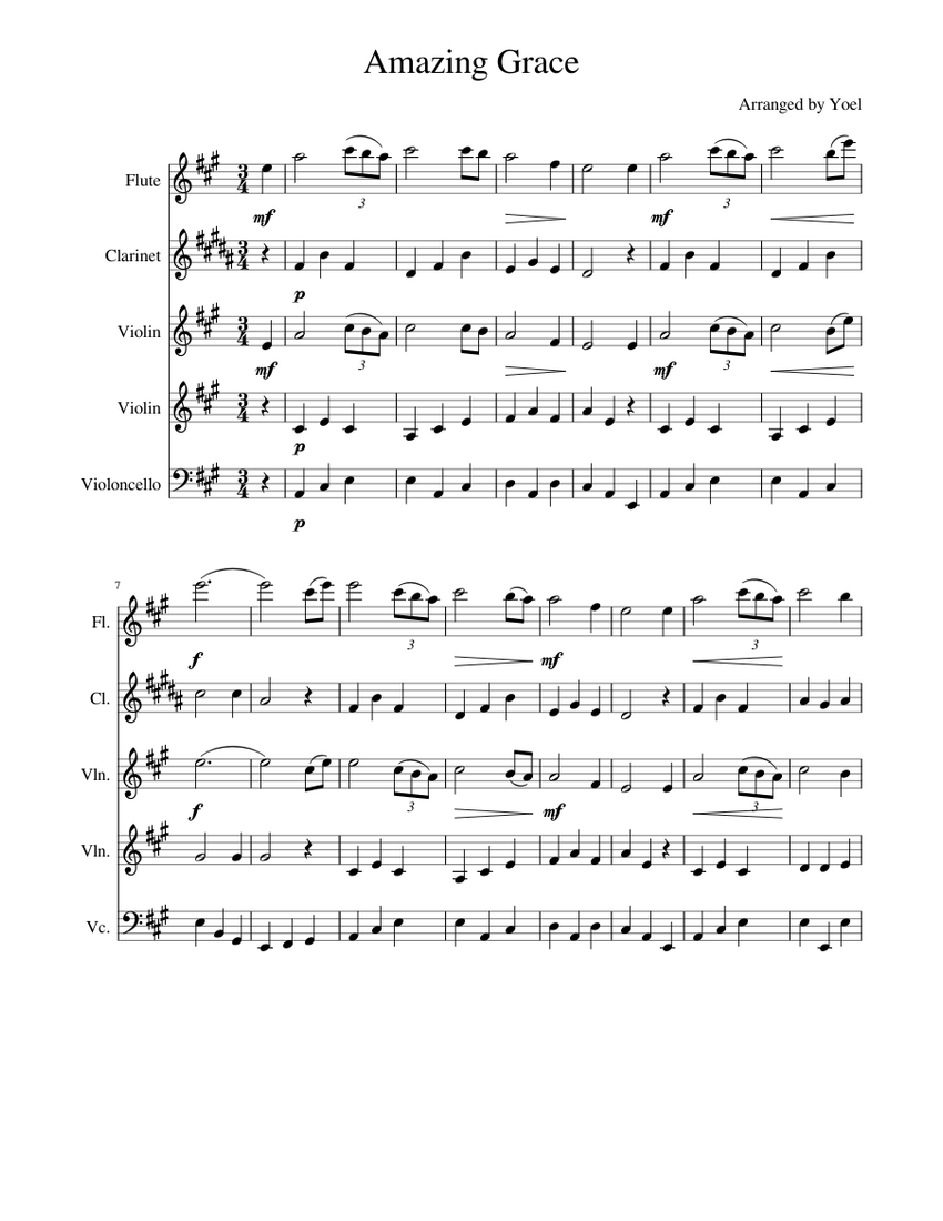 Amazing Grace Sheet Music for Flute, Violin, Cello, Clarinet other ...
