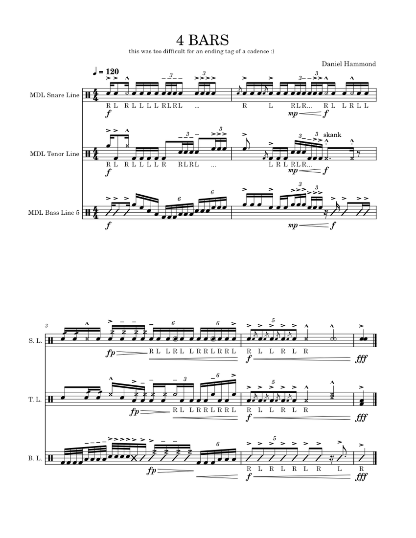 4 BARS Sheet Music for Snare drum, Tenor drum, Bass drum (Marching Band ...