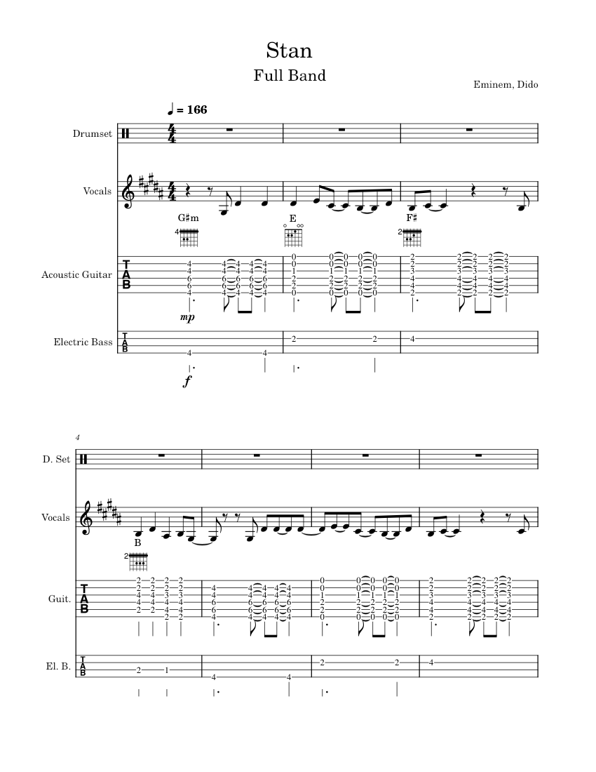 Stan – Eminem Stan Full Band (Guitar) Sheet Music and Tab with Chords ...