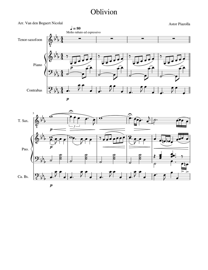 Oblivion – Astor Piazzolla - arr. Van den Bogaert Nicolaï Sheet music ...