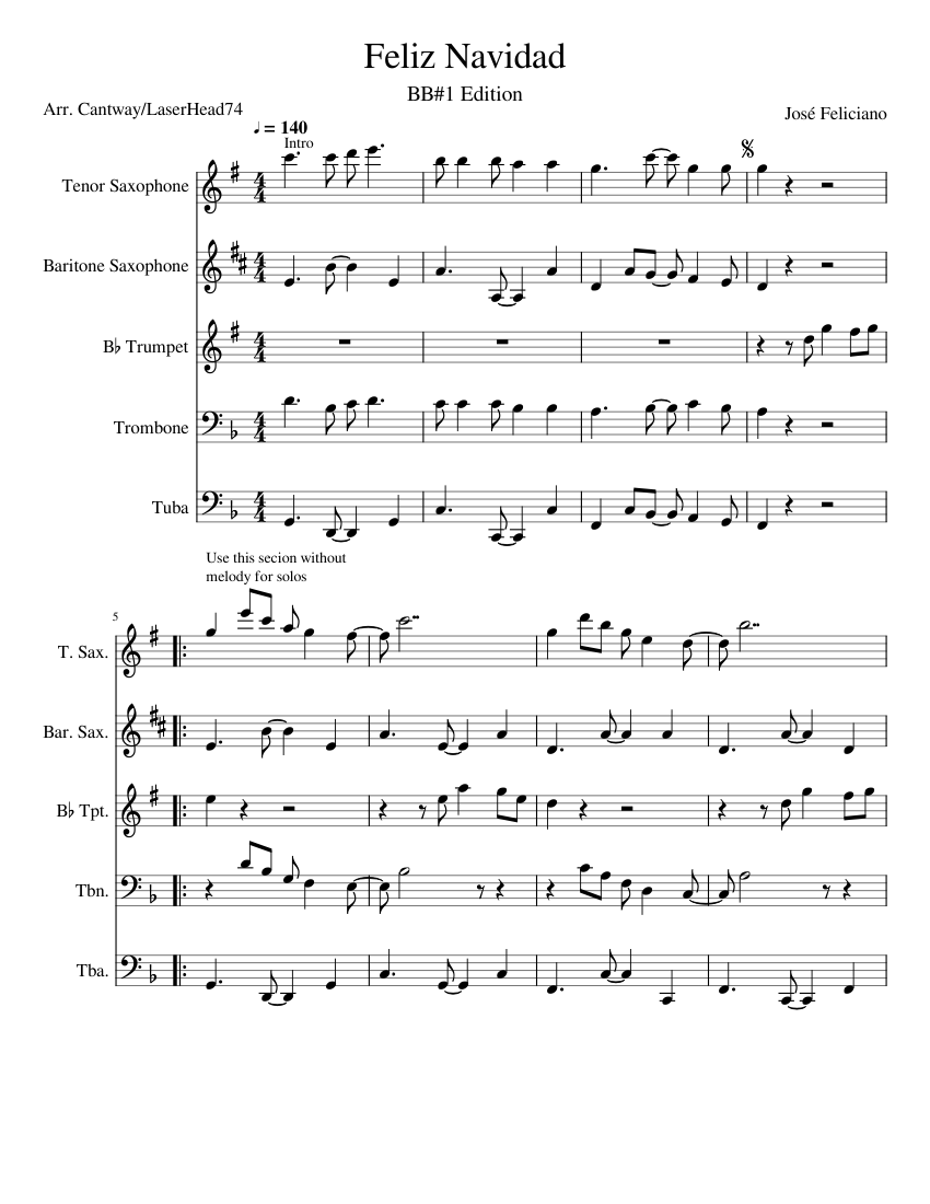 Feliz Navidad BB#1 edition (original Cantway) Sheet music for Trombone ...