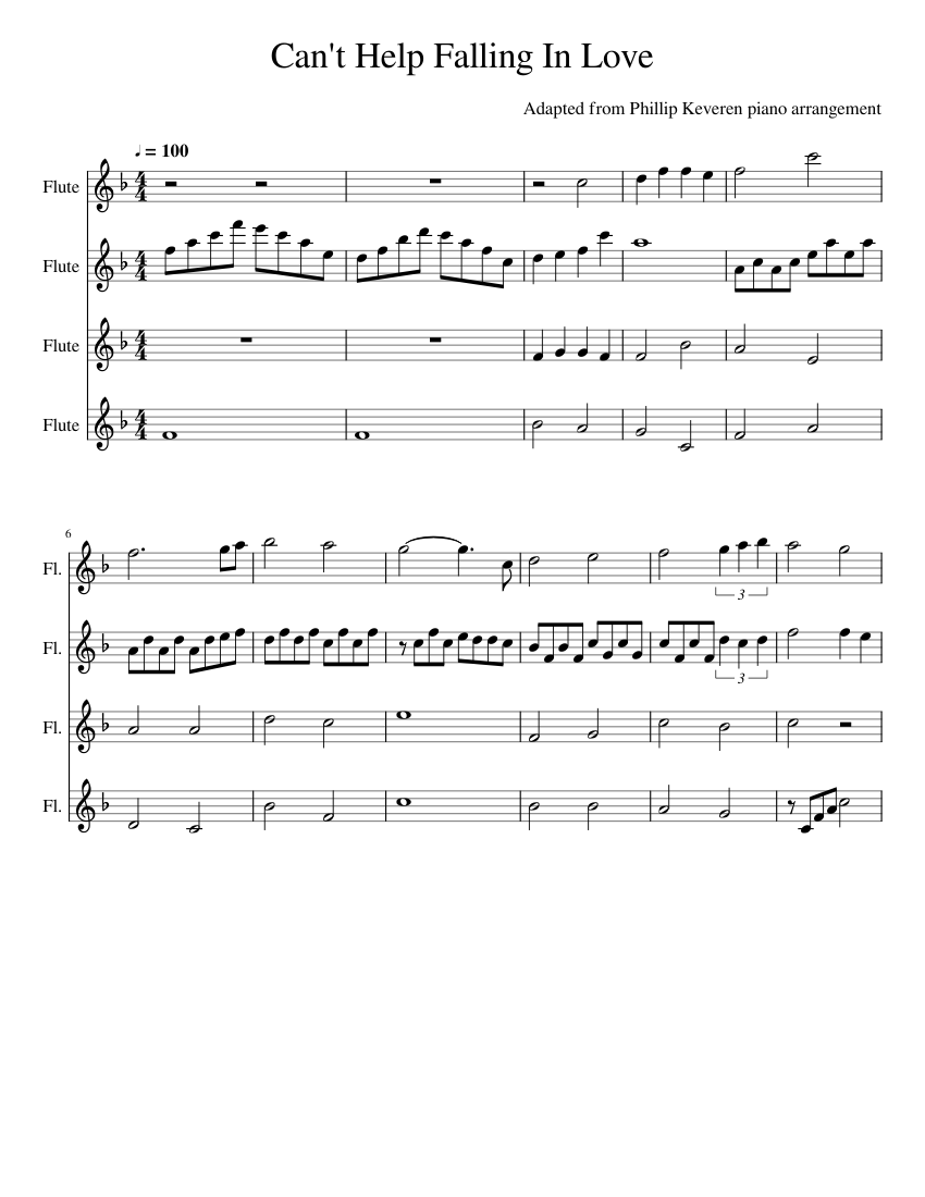 Can't Help Falling In Love Sheet music for Flute (Woodwind Quartet ...