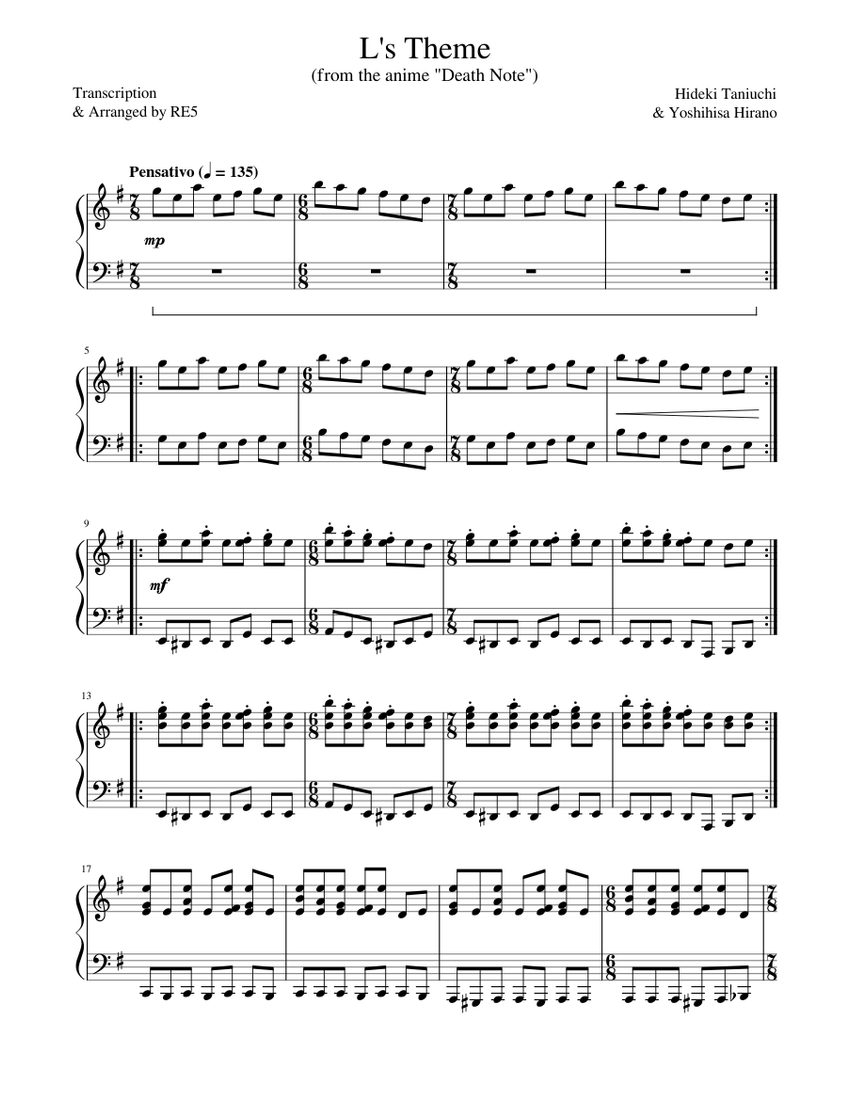 L's Theme - Hideki Taniuchi (Original Arranged) Sheet Music for Piano ...