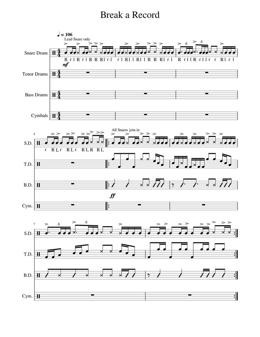 Break a Record Sheet music for Snare drum, Crash, Tenor drum, Bass drum ...