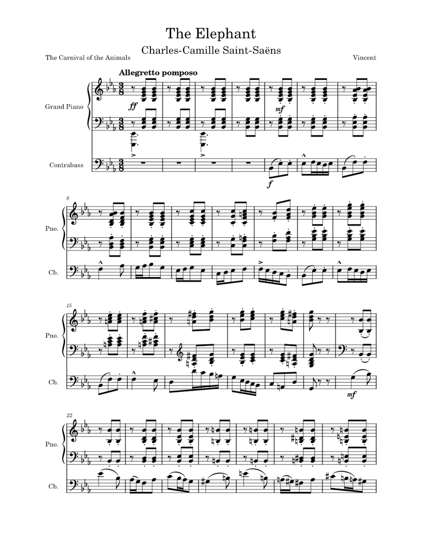 Saint-Saëns - The Elephant Sheet Music for Piano, Contrabass (Mixed ...
