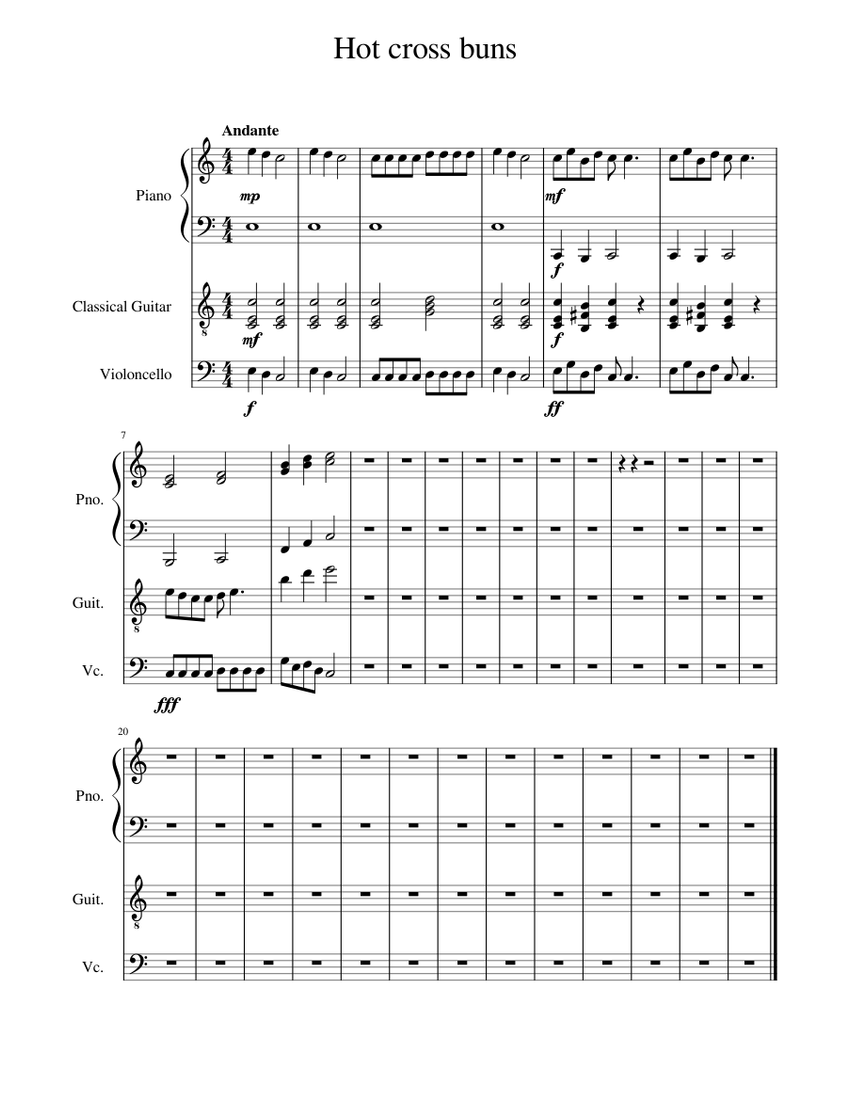 Hot cross buns Sheet Music for Piano, Cello, Guitar (Mixed Trio ...