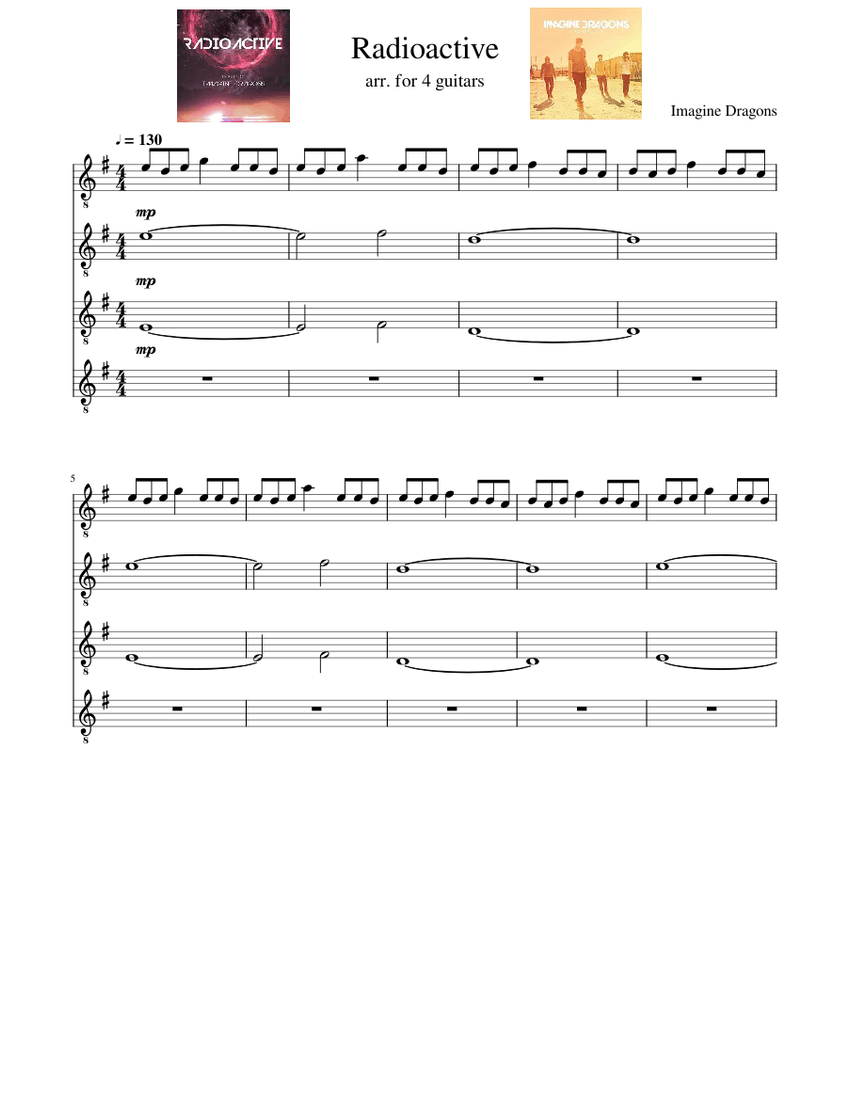 Radioactive for 4 guitars Sheet Music for Guitar (Mixed Quartet ...