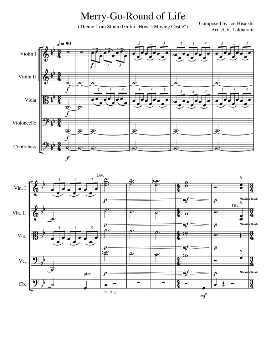 howls_moving_castle Sheet music for Contrabass, Violin, Viola, Cello ...