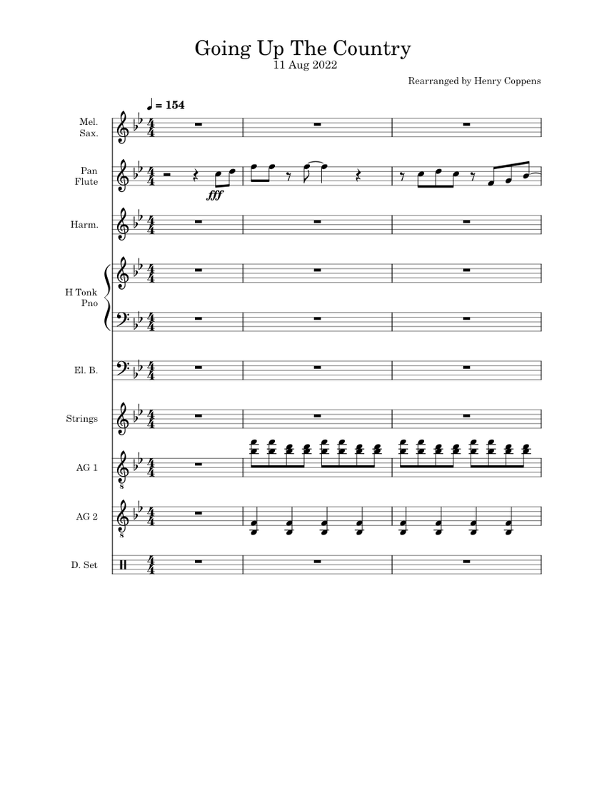 Going Up The Country Sheet Music for Piano, Guitar, Bass guitar, Drum ...