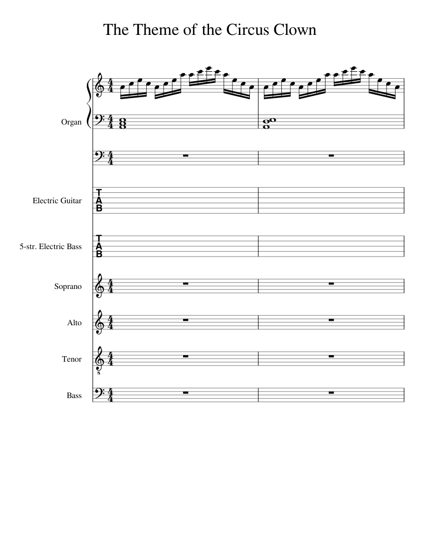 Theme of the Circus Clown Sheet Music and Tab for Soprano, Alto, Tenor ...
