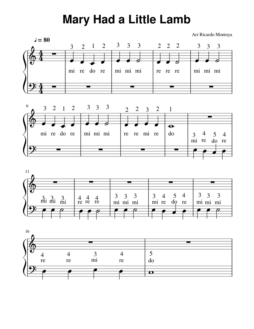 Mary Had a Little Lamb Sheet Music with Chords for Piano (Solo) easy ...