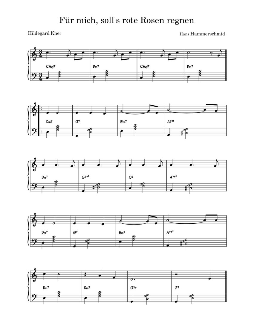 Für mich solls rote rosen regnen – Hildegard Knef Sheet music for Piano (Solo) Easy | Musescore.com