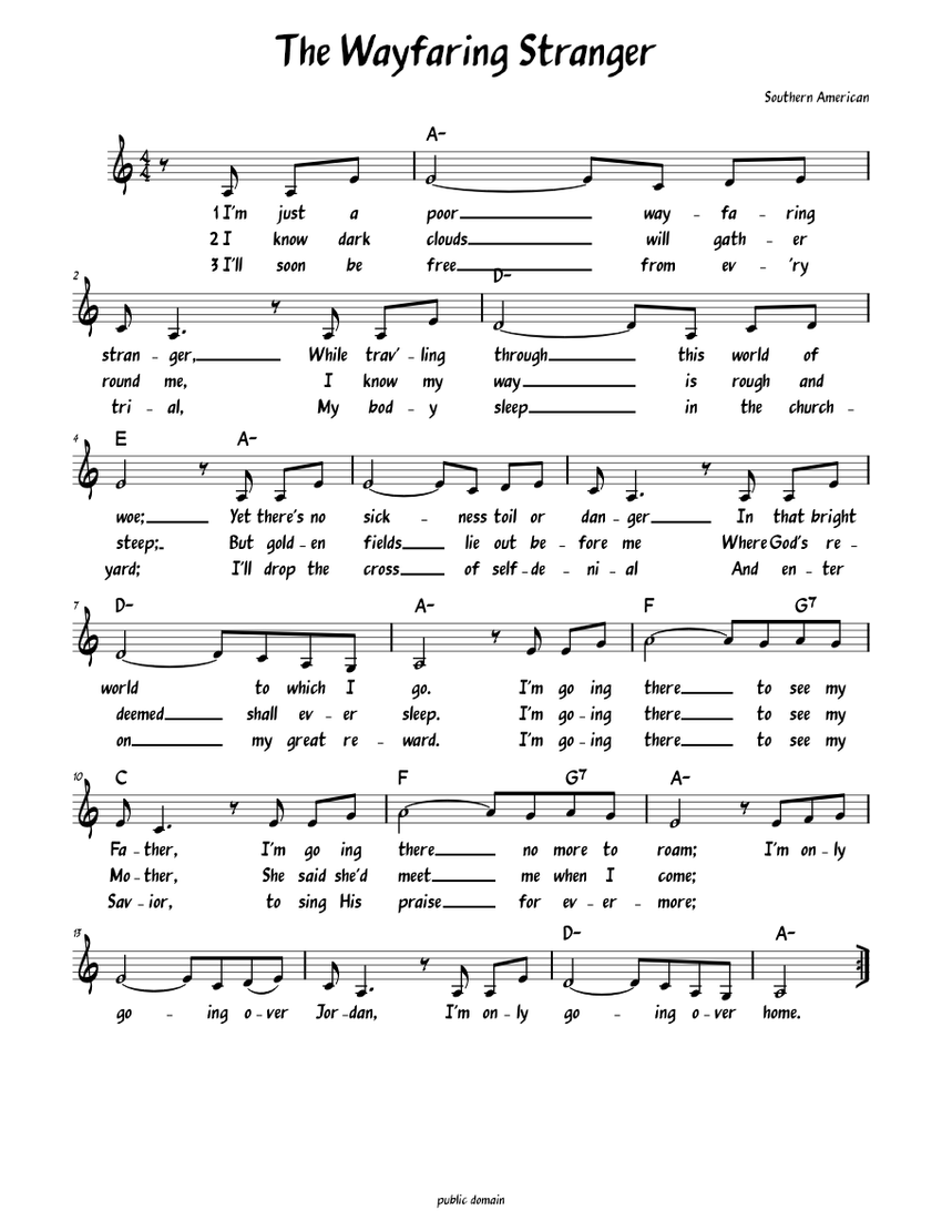 The Wayfaring Stranger (Lead sheet with lyrics ) Sheet music for Piano ...