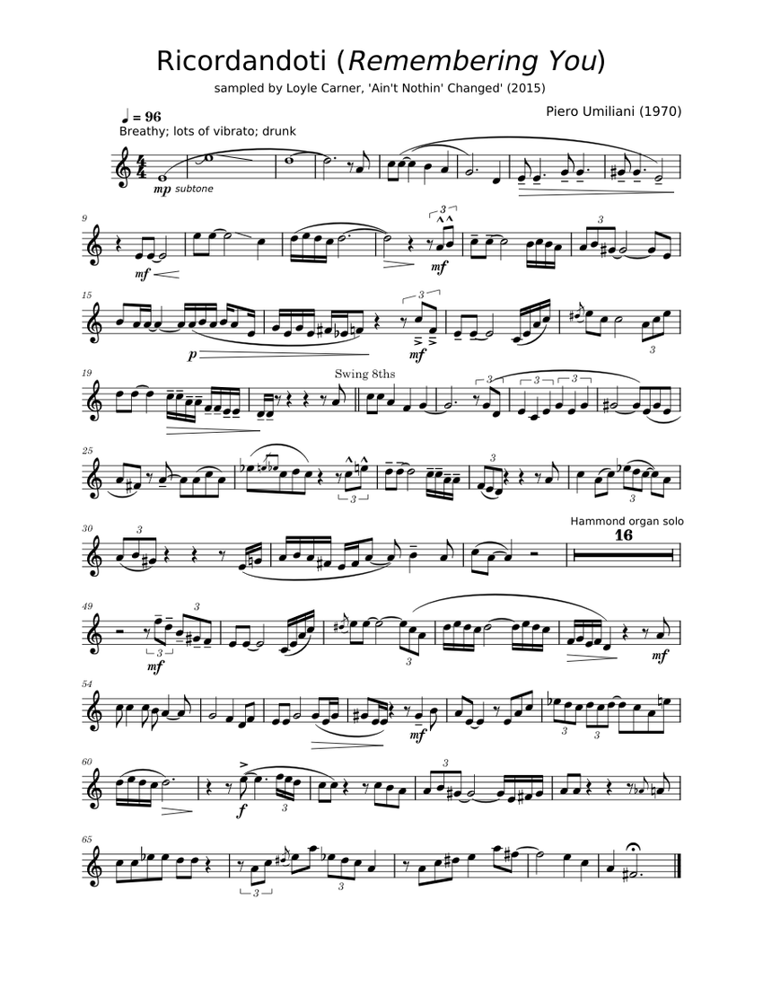 Ricordandoti (Remembering You) Ricordandoti Sheet Music for Saxophone ...