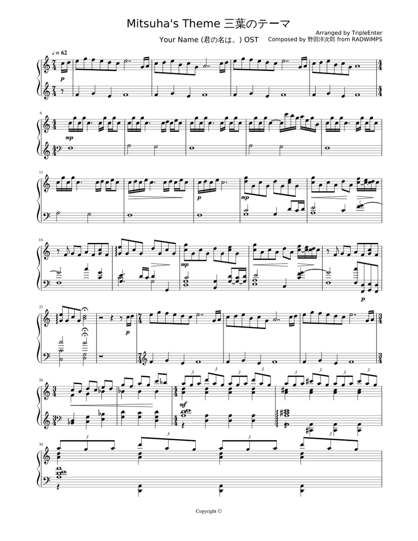 {Full Ver.} Mitsuha's Theme (Kimi no Na wa / Your Name), Date 2 Sheet music for Piano (Solo ...