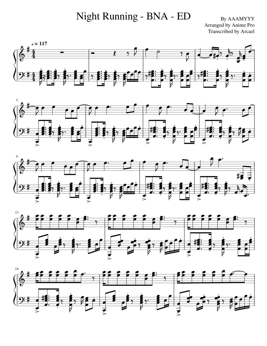 Night Running - BNA - ED Sheet Music for Piano (Solo) | MuseScore.com