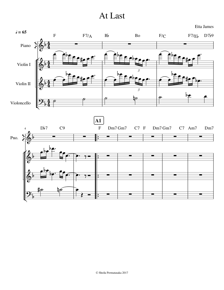At Last Sheet Music with Chords for Piano, Violin, Cello (Mixed Quartet ...