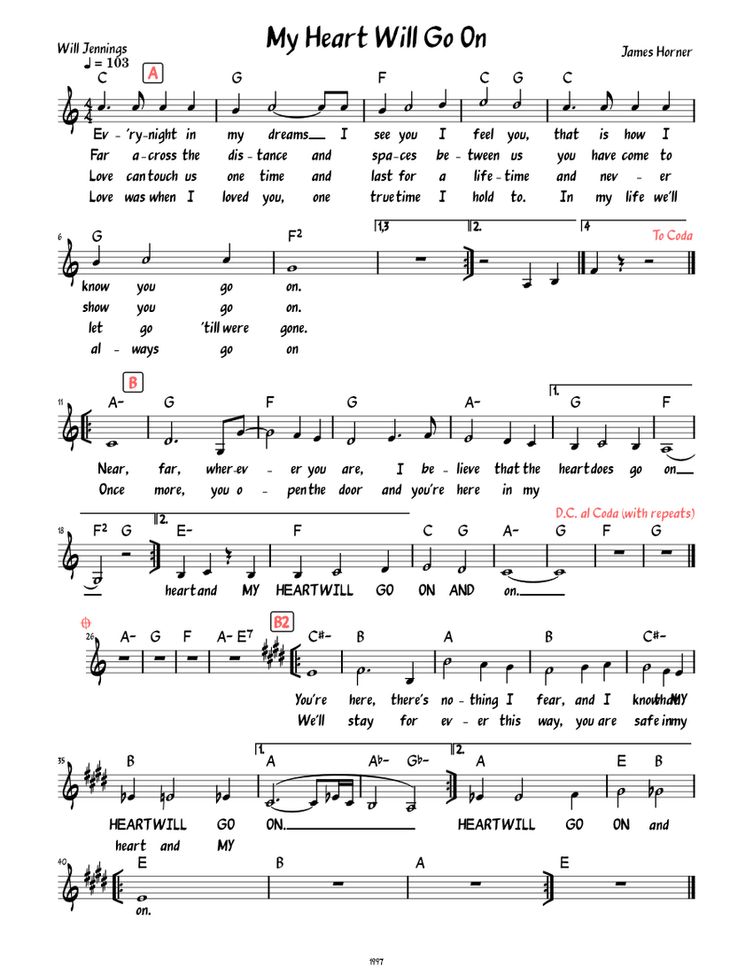 My Heart Will Go On (Lead sheet with lyrics ) Sheet music for Piano ...