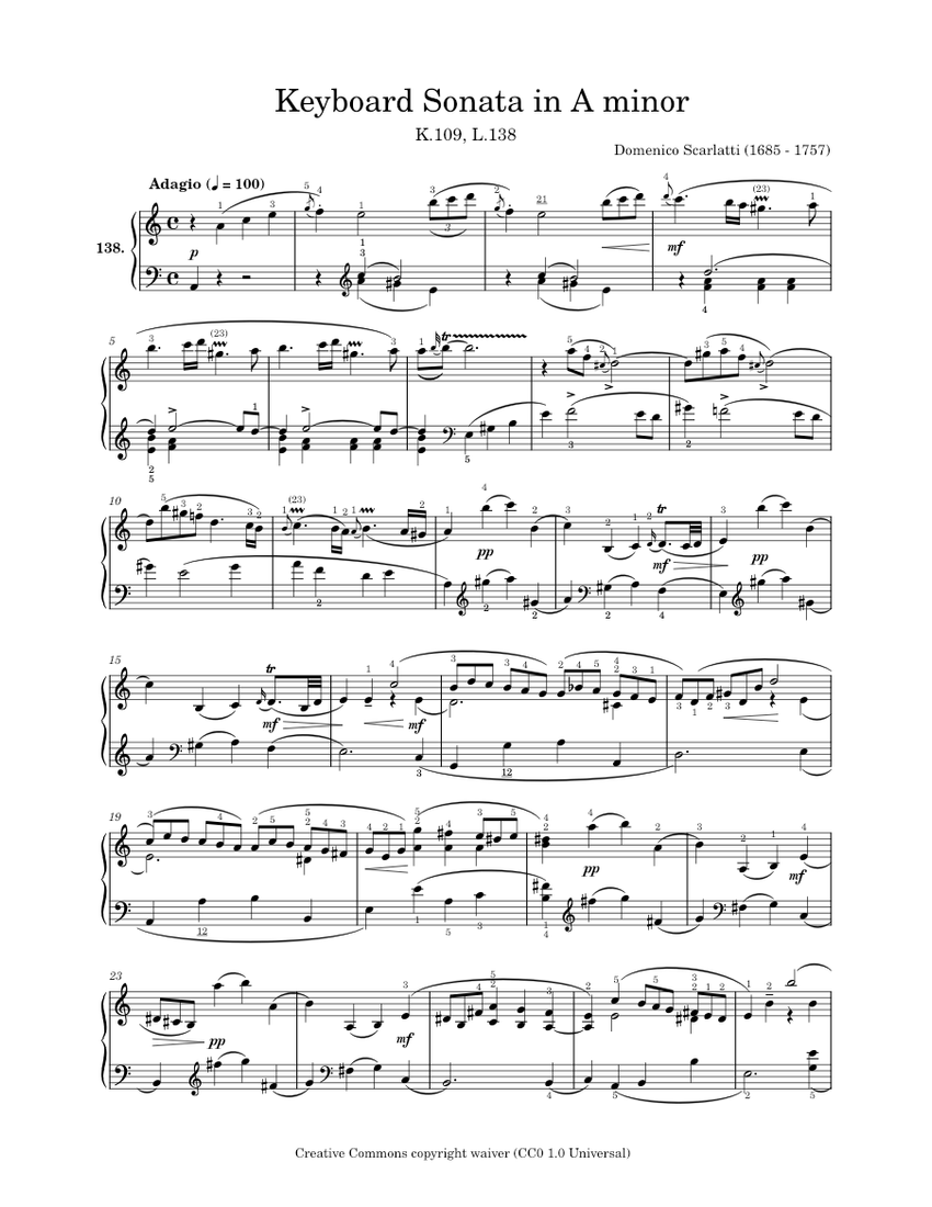 Keyboard Sonata in A minor, K.109, L.138 - Domenico Scarlatti Sheet ...