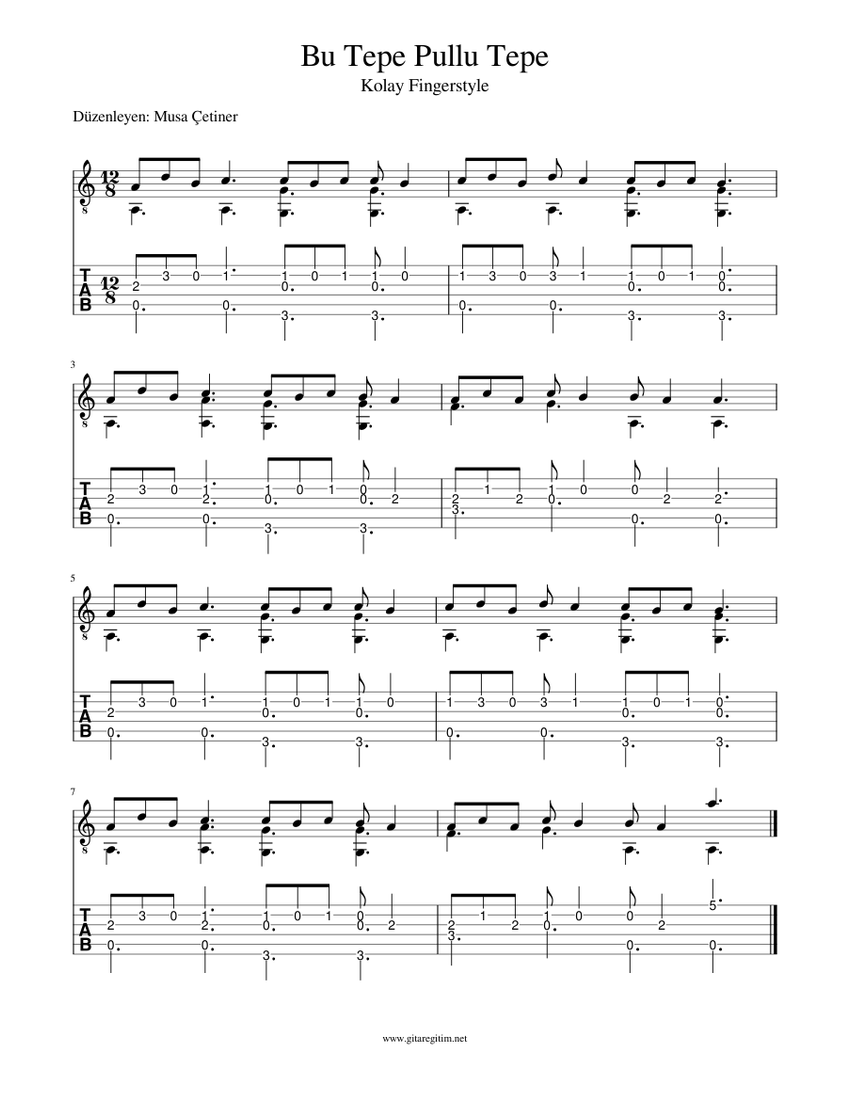 Bu Tepe Pullu Tepe -- Kolay Fingerstyle Sheet Music and Tab for Guitar ...
