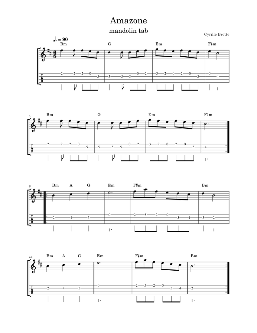 Amazone – Cyrille Brotto - mandolin tab Sheet Music for Mandolin (Solo ...