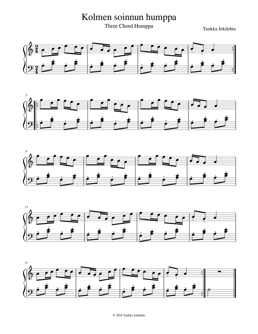Kolmen soinnun humppa (Three Chord Humppa) Sheet music for Piano (Solo ...