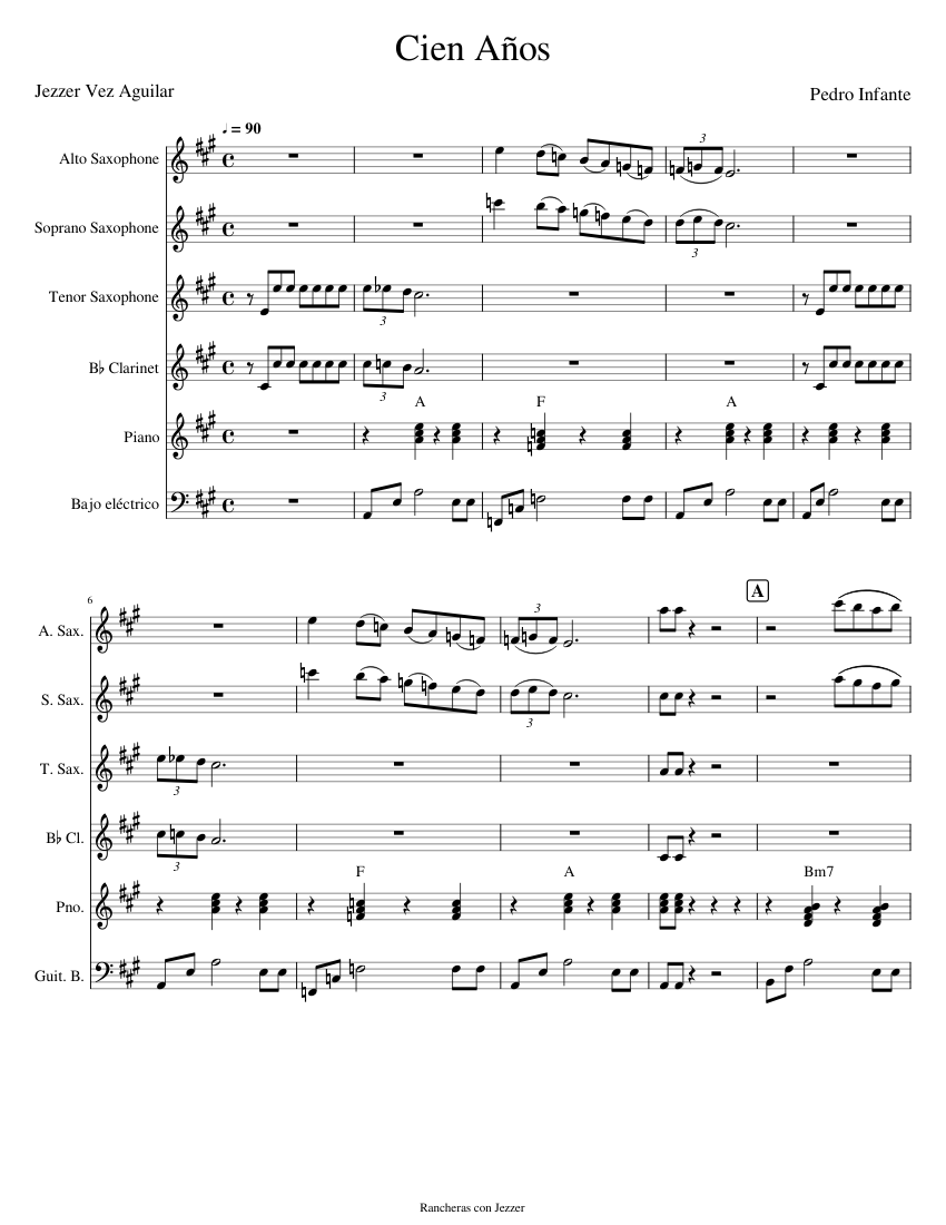 Cien Aos Mariachi new bwb Sheet Music for Piano, Clarinet in b-flat, Saxophone alto, Saxophone ...