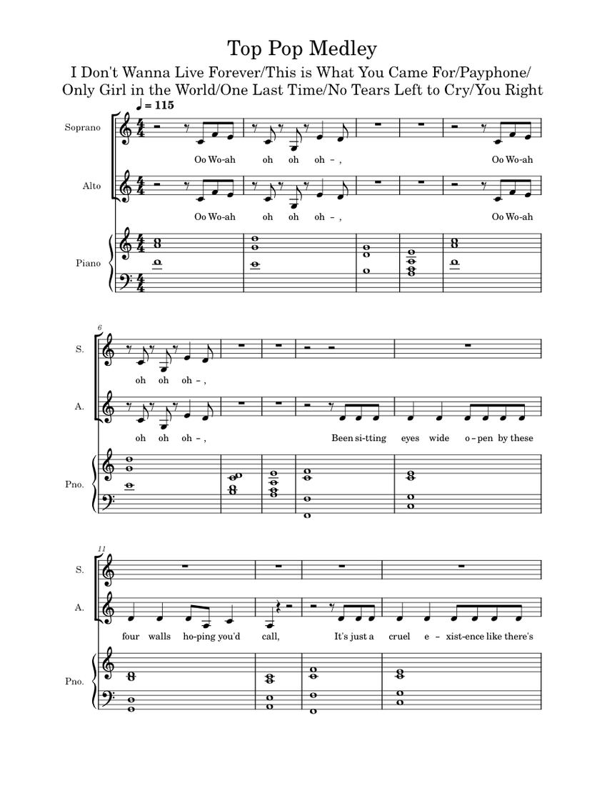 Top Pop Medley Sheet Music for Piano, Soprano, Alto (Piano-Voice ...
