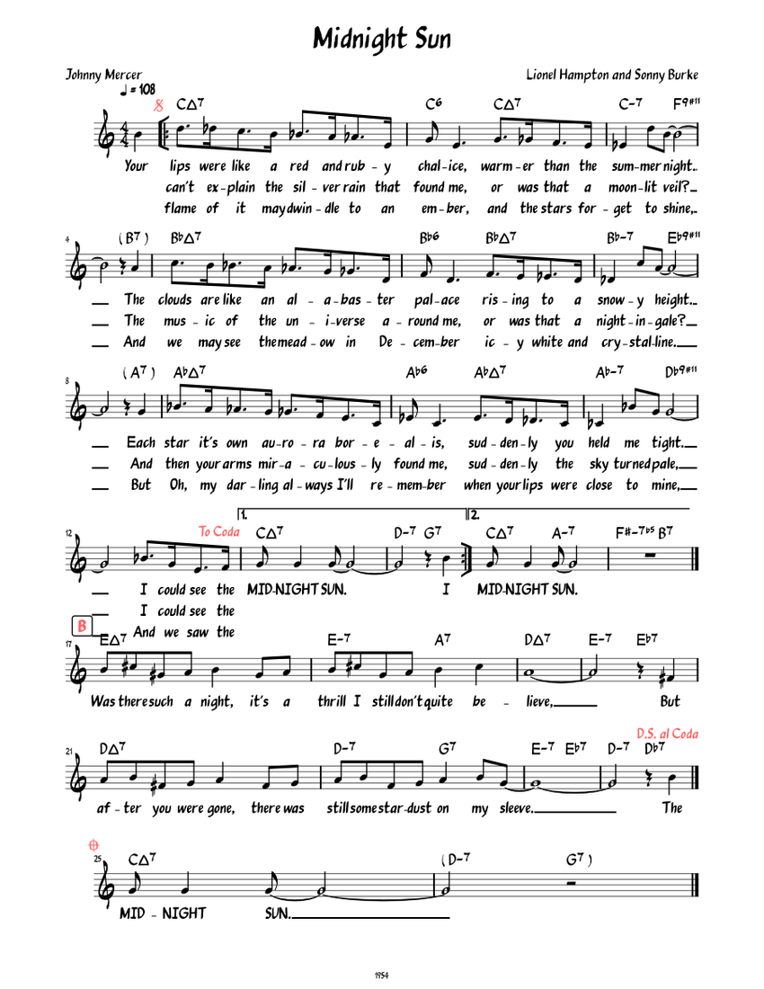 Midnight Sun (Lead sheet with lyrics ) Sheet Music with Chords for ...