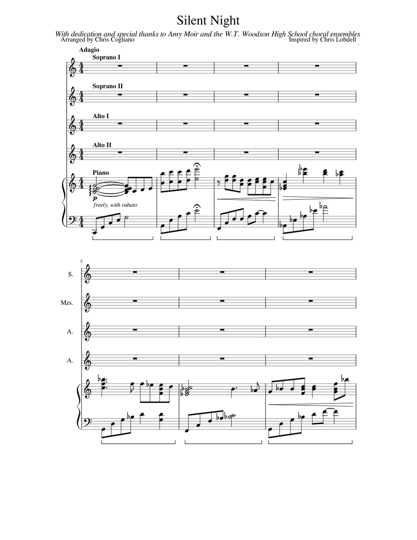 Silent Night for SSAA chorus and Piano Sheet Music for Soprano, Alto ...