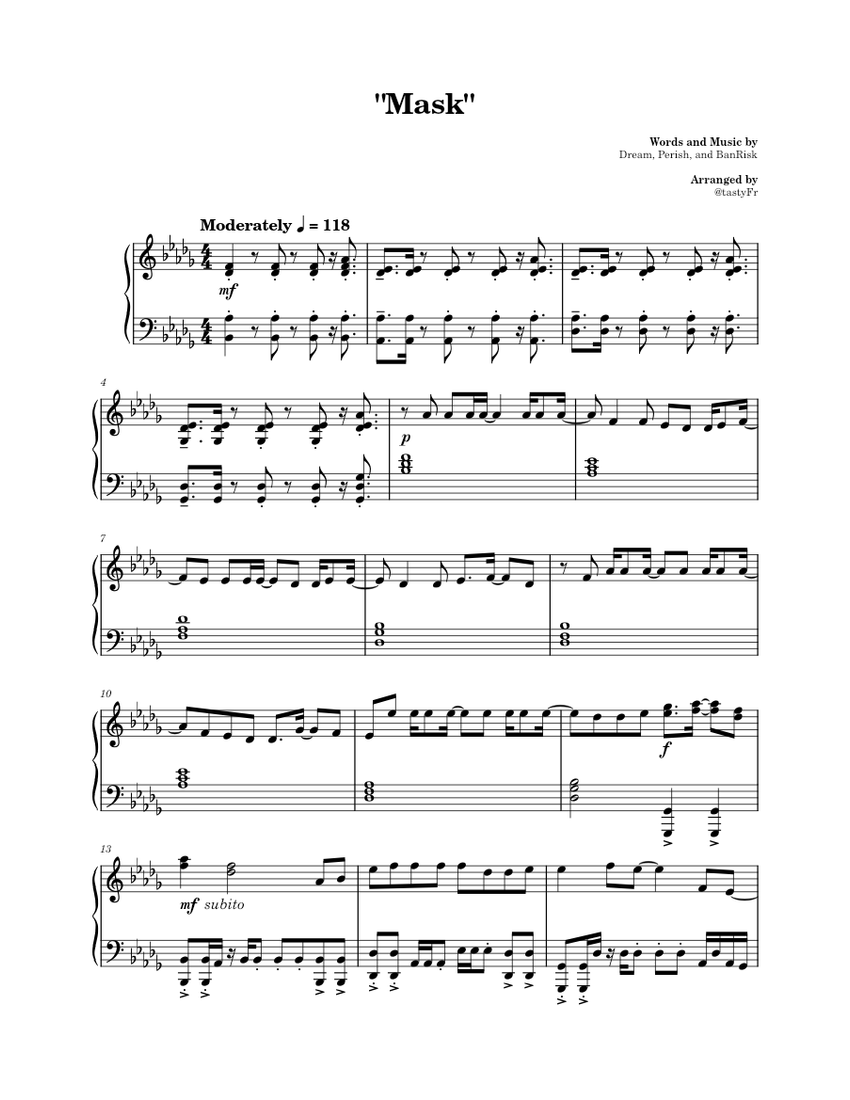 Mask – Dream, Perish, BanRisk Sheet Music for Piano (Solo) | MuseScore.com