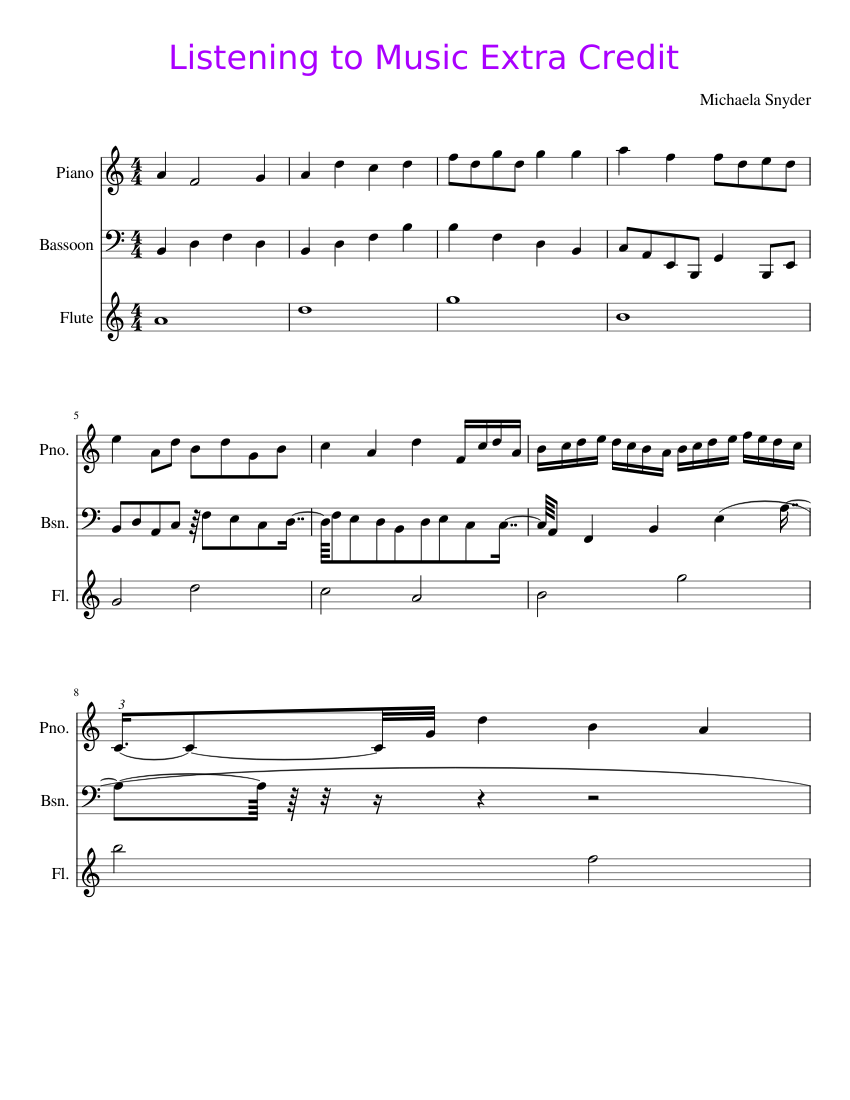 Listening to Music Extra Credit Sheet music for Piano, Flute, Bassoon ...
