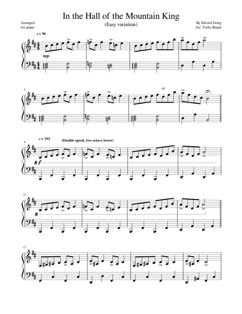 In the Hall of the Mountain King Easy Variation (Edvard Grieg) Sheet ...