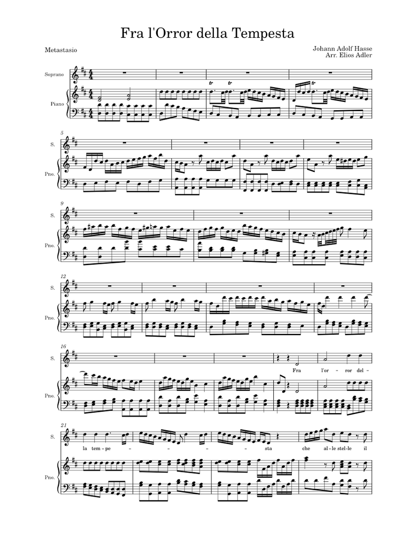 Siroe, re di Persia – Johann Adolph Hasse Fra l'Orror della Tempesta Sheet music for Piano ...