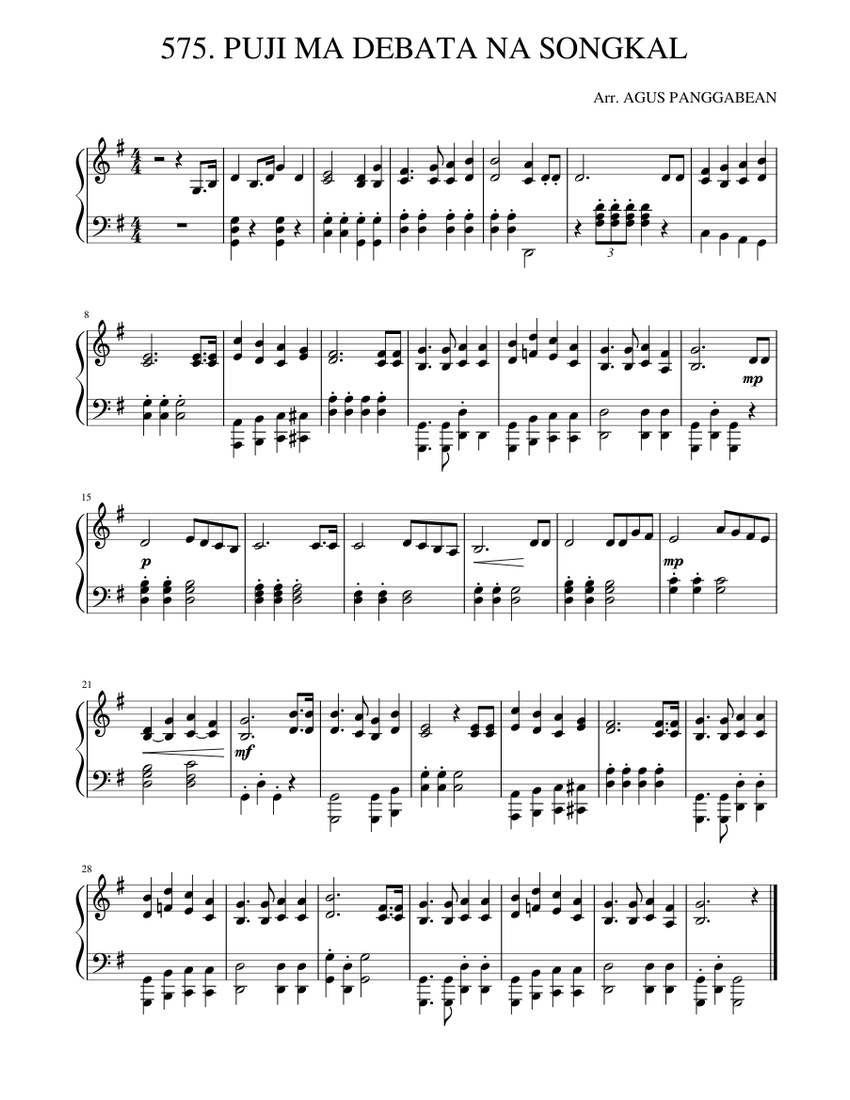 BE 575. PUJI MA DEBATA NA SONGKAL. Sheet music for Piano (Solo) Easy ...