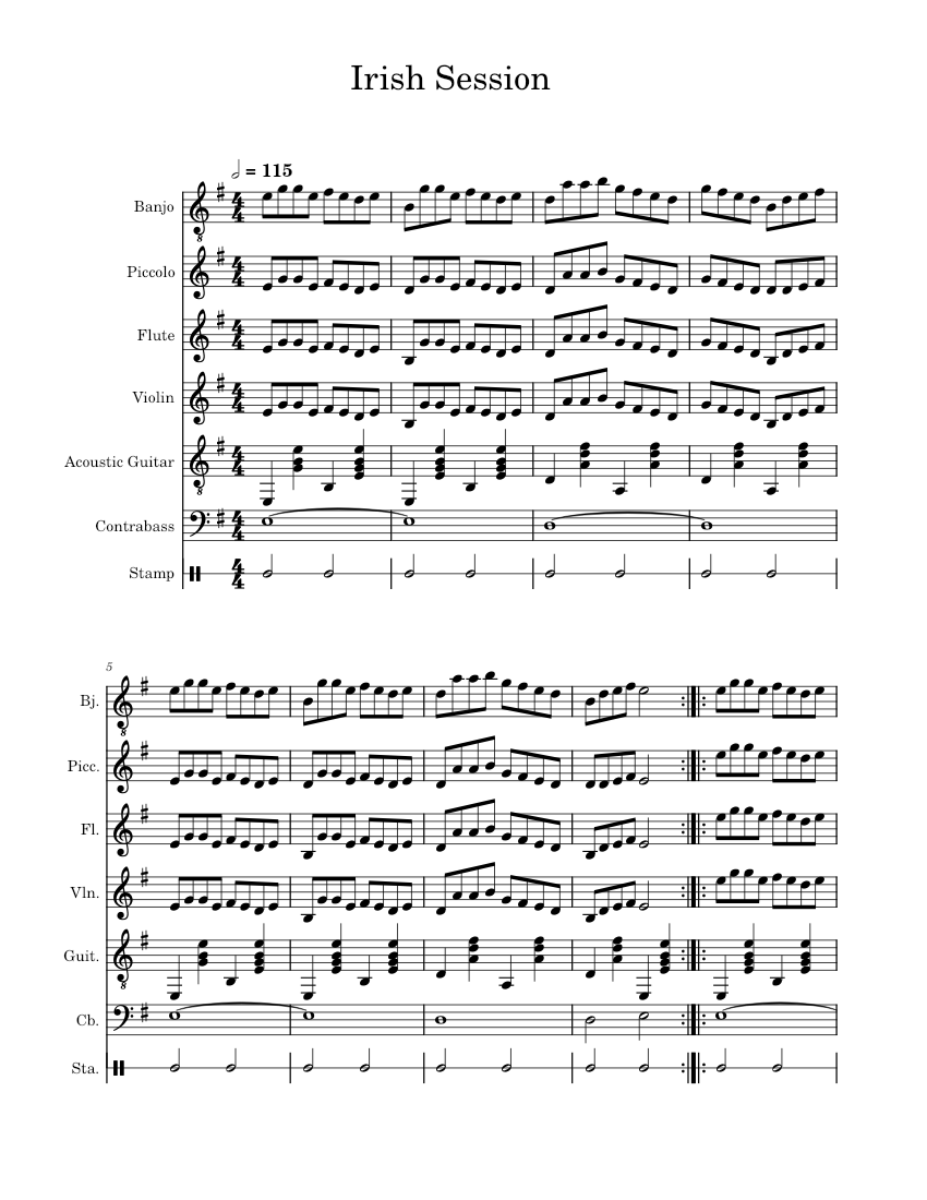 Irish Session Sheet Music for Flute piccolo, Flute, Contrabass, Violin ...