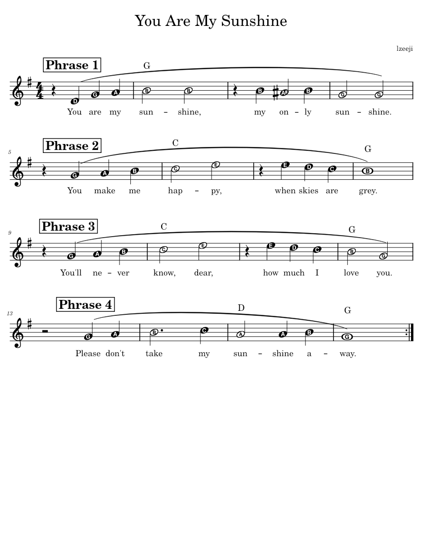 You are my sunshine – Big note Melody Chord in G - YWCM Sheet Music for ...