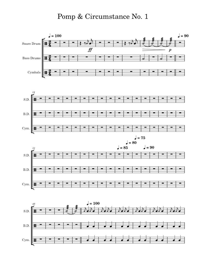 Pomp & Circumstance No. 1 Sheet music for Snare drum, Crash, Bass drum ...