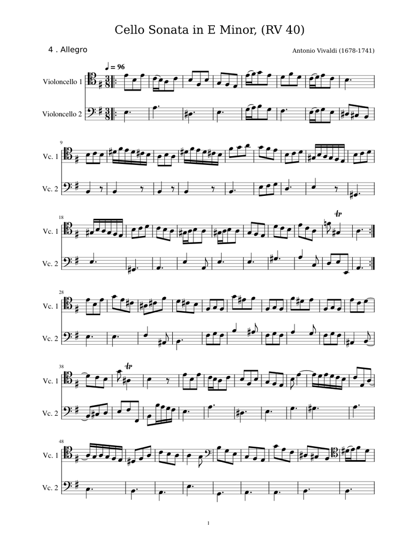 Sonata per violoncello e basso continuo n. 5 RV 40 - 4. Allegro – Antonio Vivaldi Sheet music ...