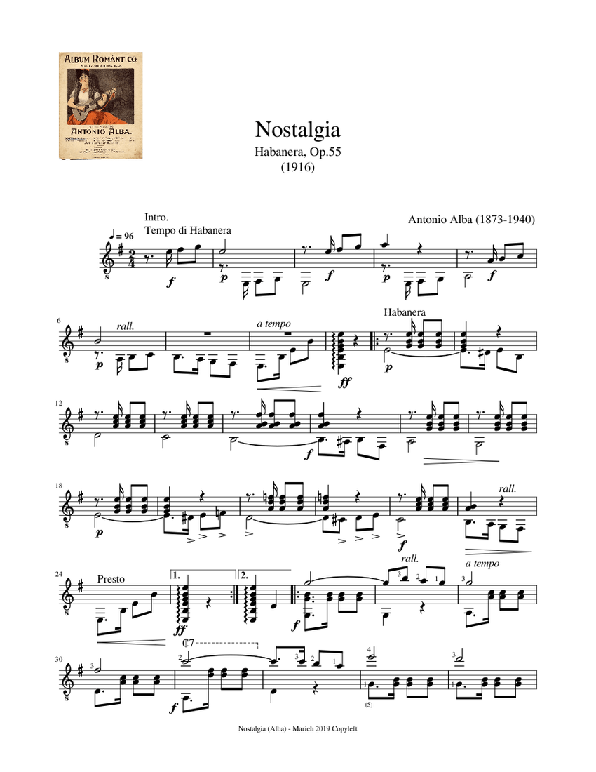 Nostalgia - Antonio Alba (1873-1940) Sheet Music for Guitar (Solo ...