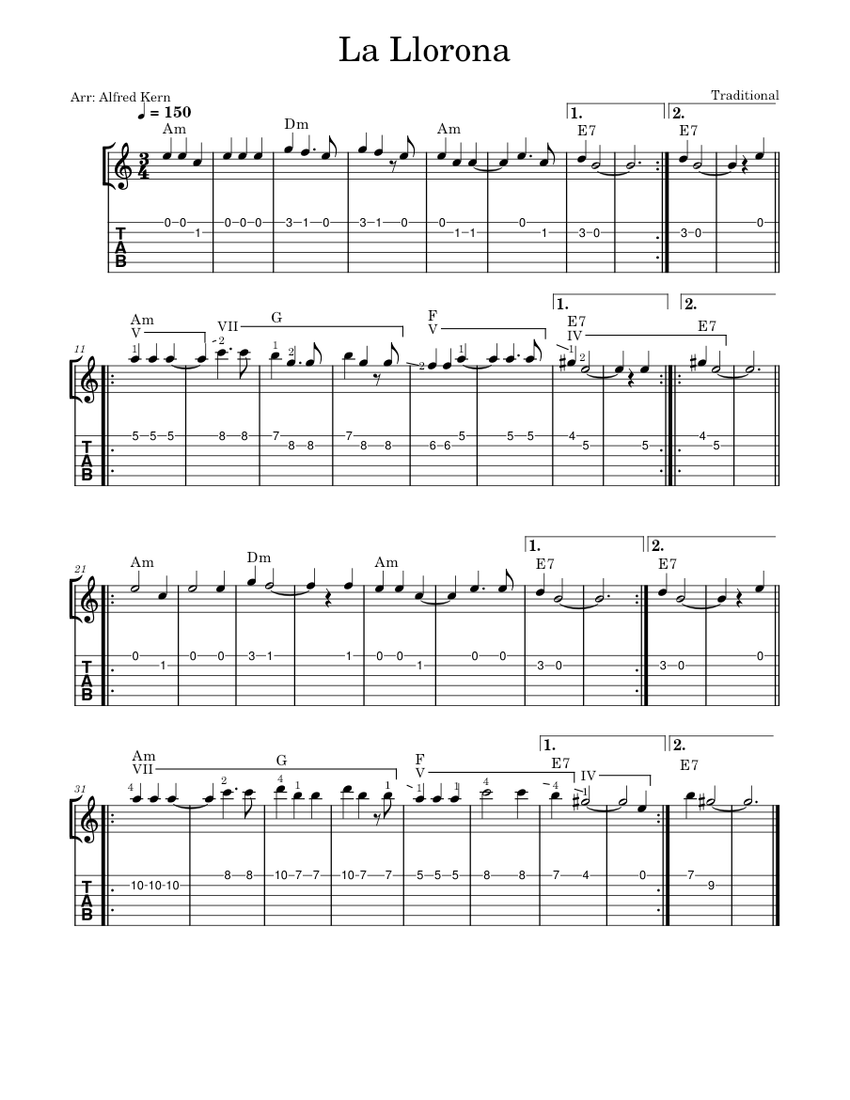 la_Llorona Sheet Music and Tab with Chords for Guitar (Mixed Duet ...