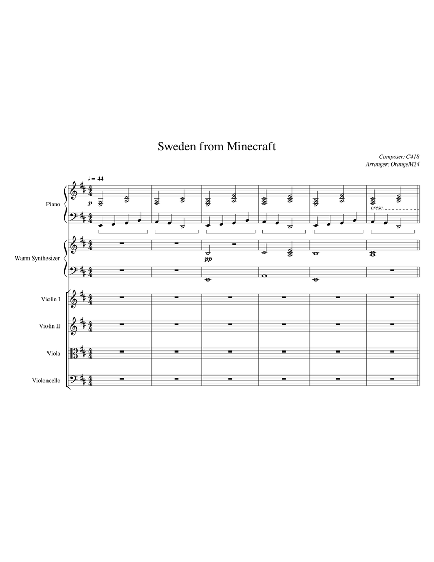 Sweden (from Minecraft) by C418 Sheet music for Piano, Violin, Viola ...