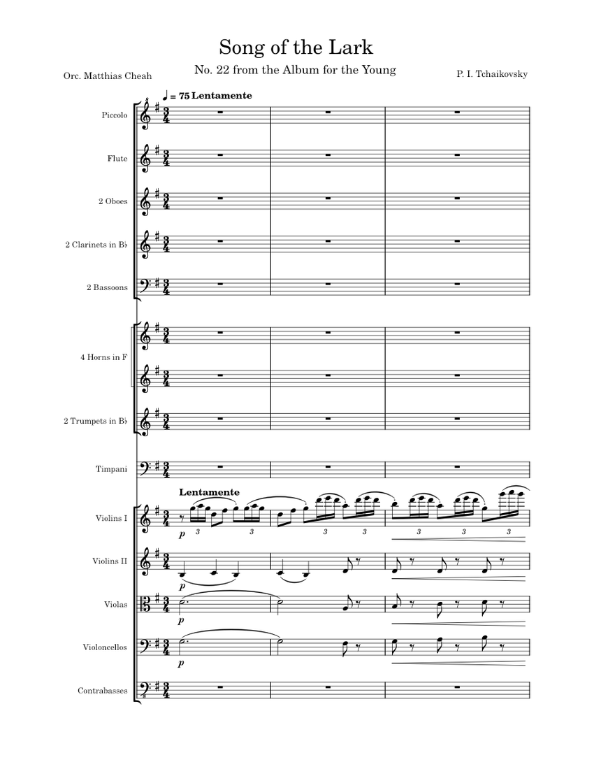 Song of the Lark Op. 39 - P. I. Tchaikovsky - arranged for orchestra by Matthias Cheah Sheet ...