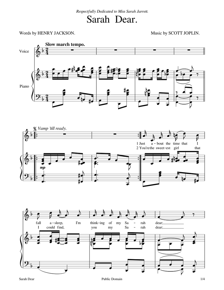 Sarah Dear - Joplin and Jackson - 1905 Sheet Music for Piano, Vocals ...