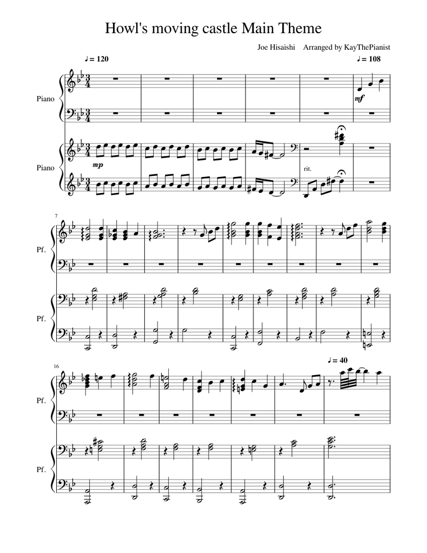Howl's moving castle (Main Theme) [4 hands piano] Sheet Music for Piano ...