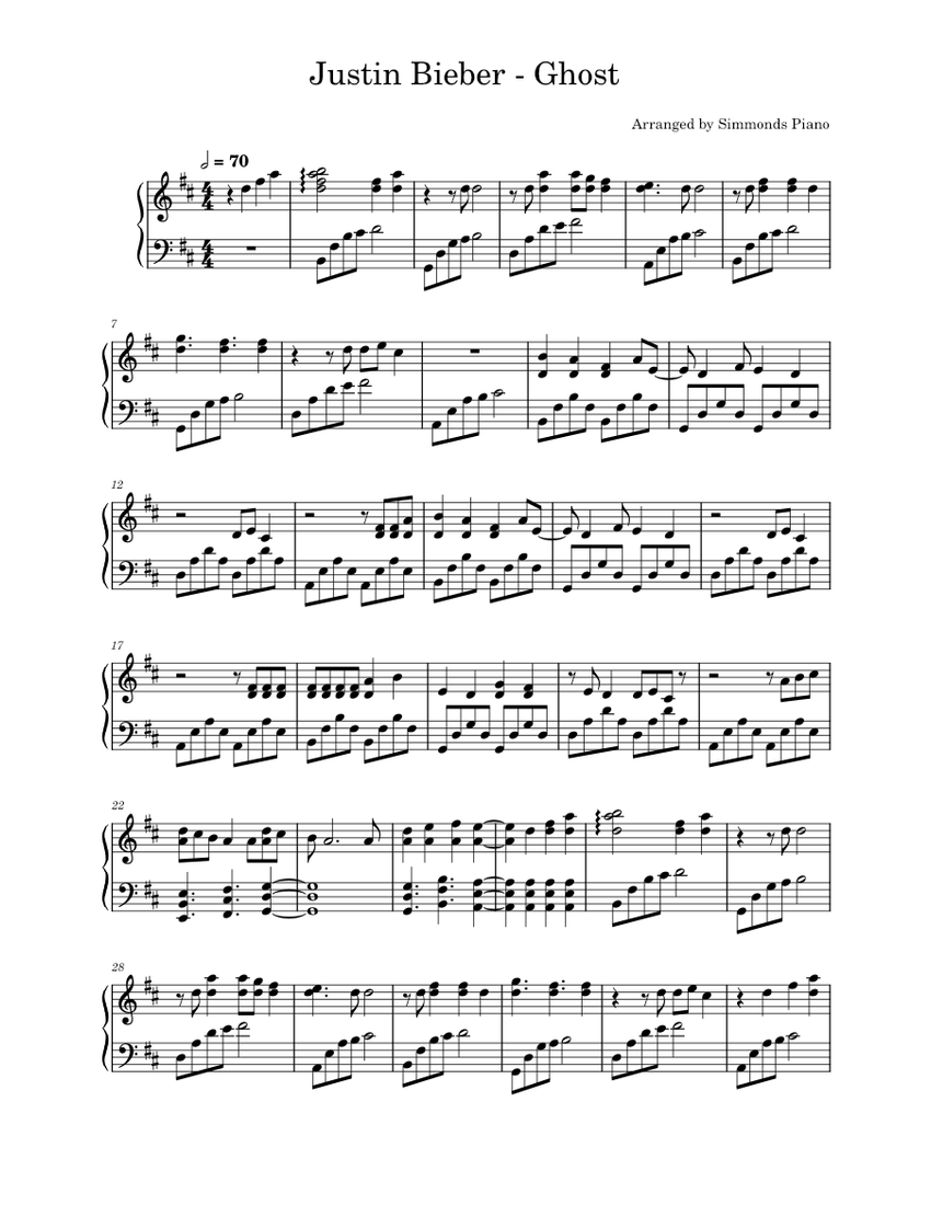 Ghost – Justin Bieber Justin Bieber - Ghost, arranged by Simmonds Piano ...