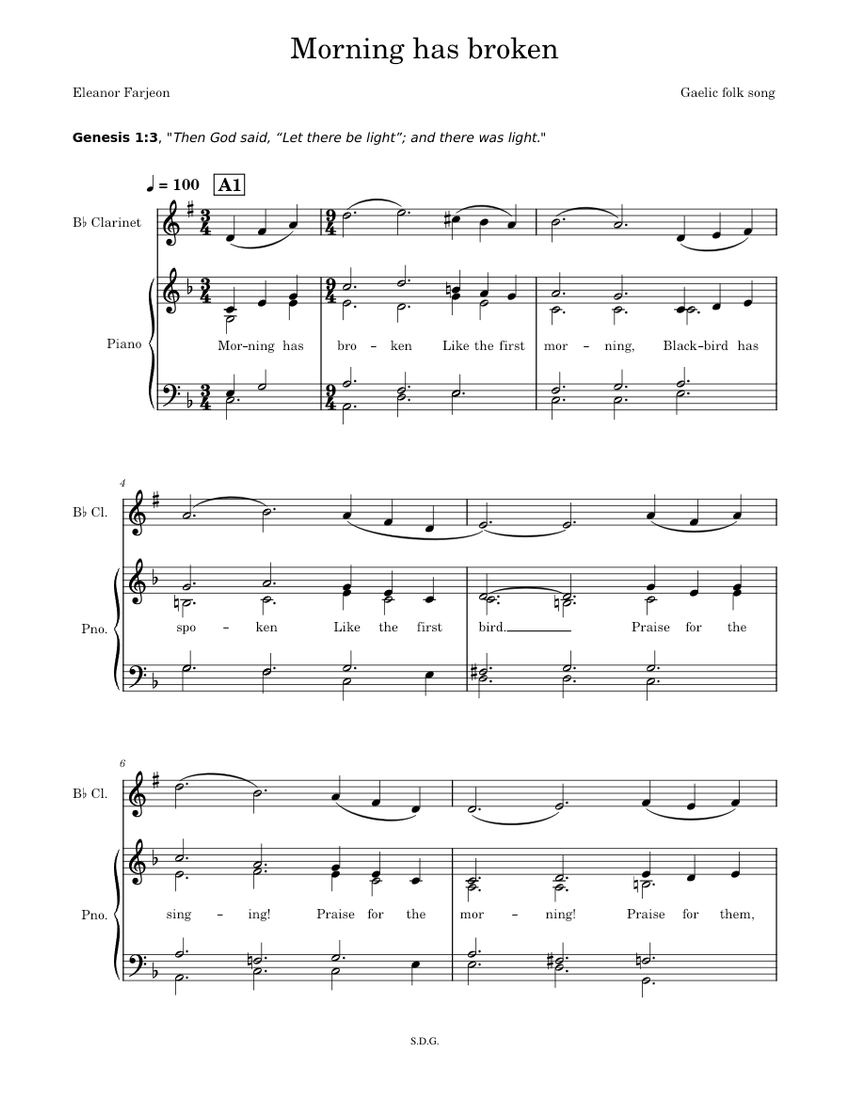 Morning has broken - psalm sonata Sheet Music for Piano, Clarinet in b ...