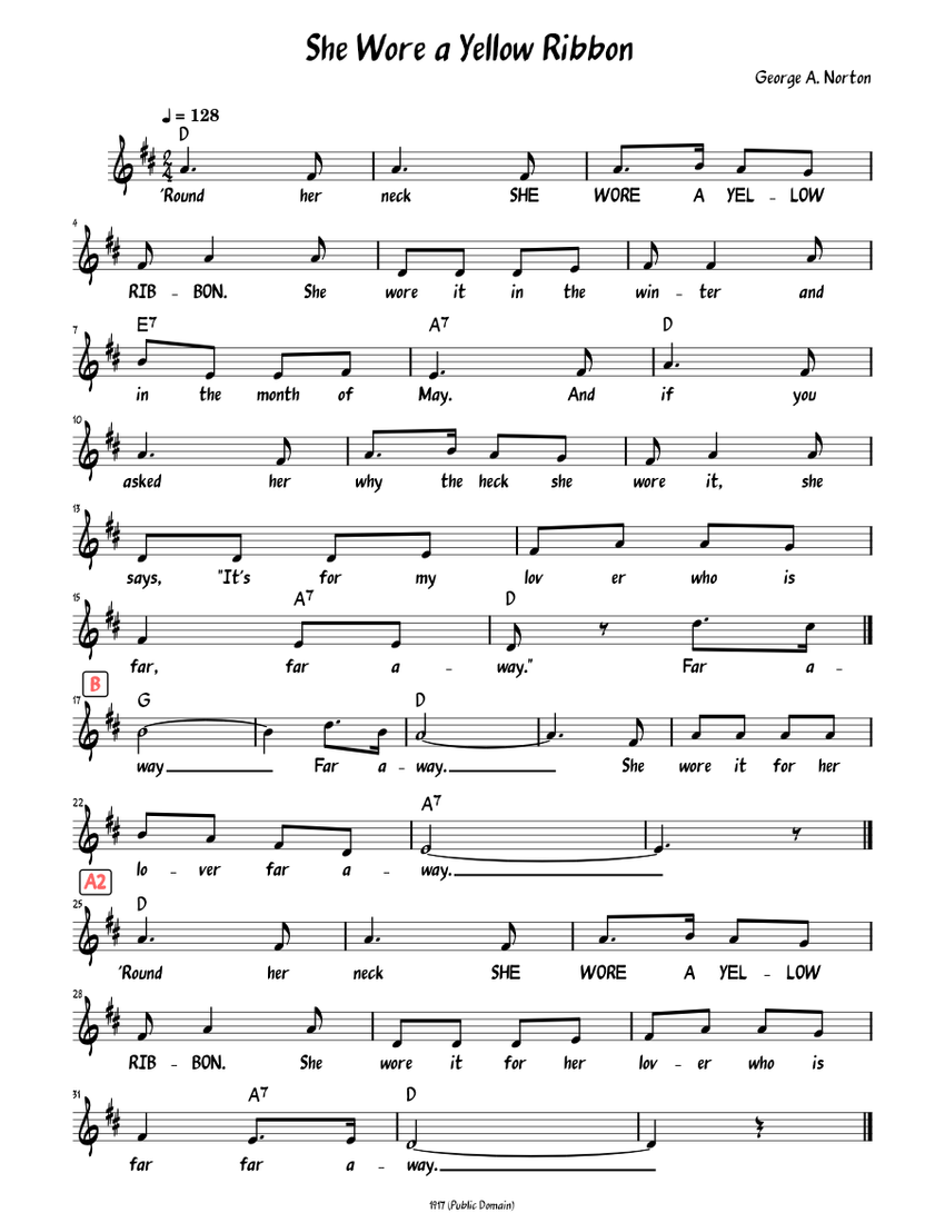She Wore a Yellow Ribbon (Lead sheet with lyrics ) Sheet Music with ...